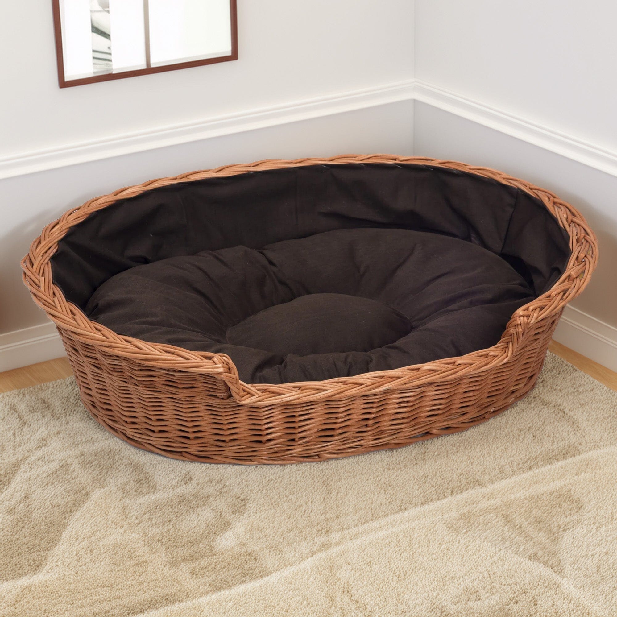 Wicker Dog Cat Basket Dark Cushion Various Sizes – Prestige Wicker